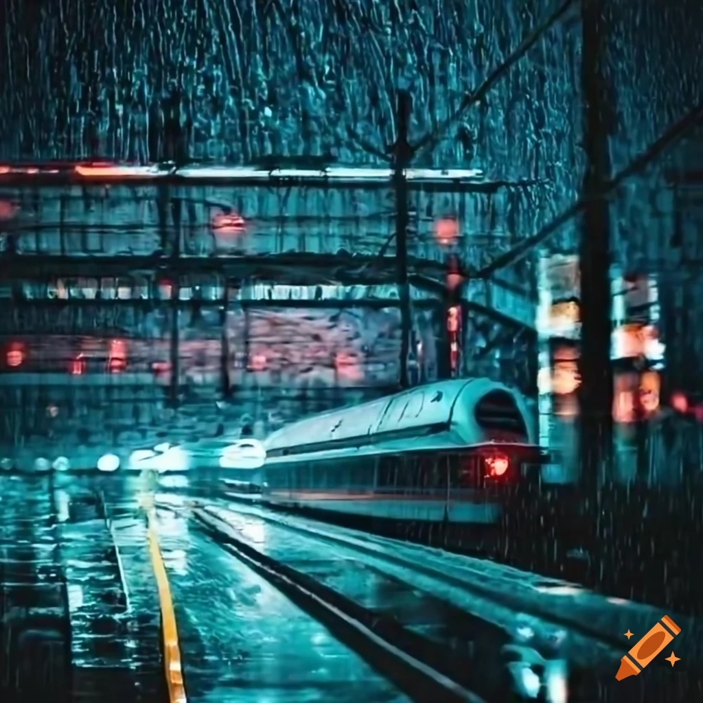 Bullet train entering station at night with neon lighting in the rain ...