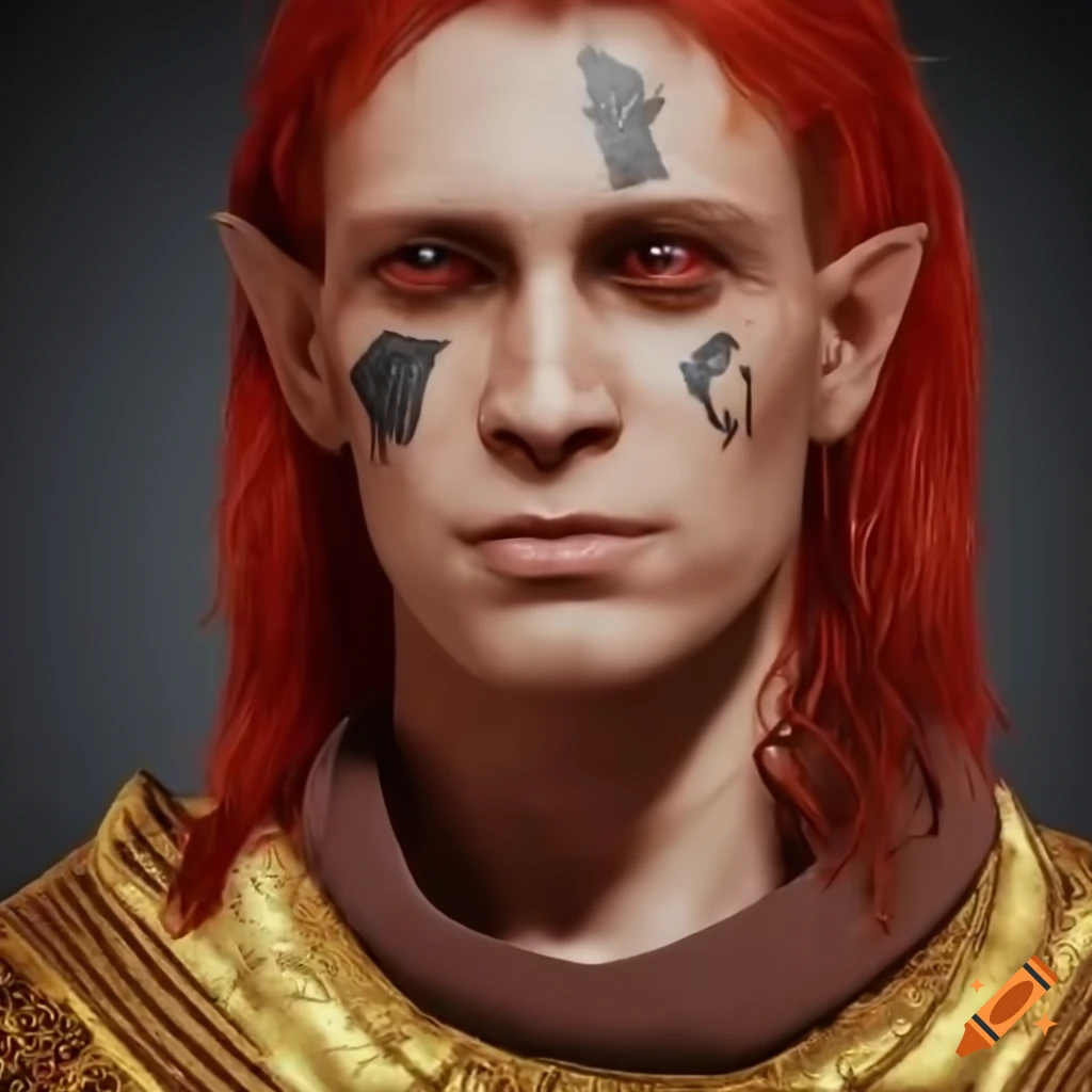 Portrait of Etruscan-Hittite pale-white-skinned, red-long-haired elf ...