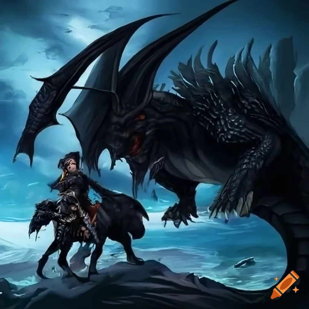 Gigantic black dragon with rider in a fantasy setting on Craiyon