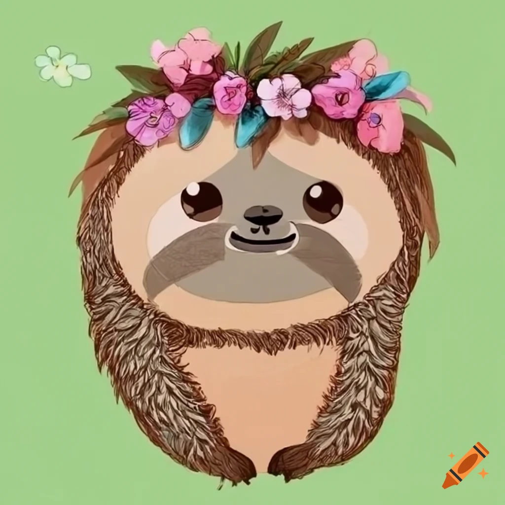 Detailed children's drawing of a cute sloth wearing a floral headband ...