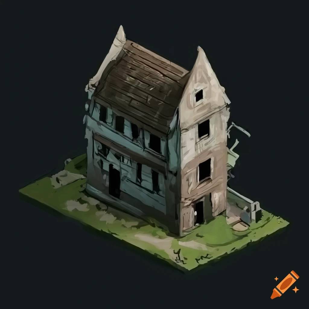 Isometric illustration of an abandoned house on Craiyon