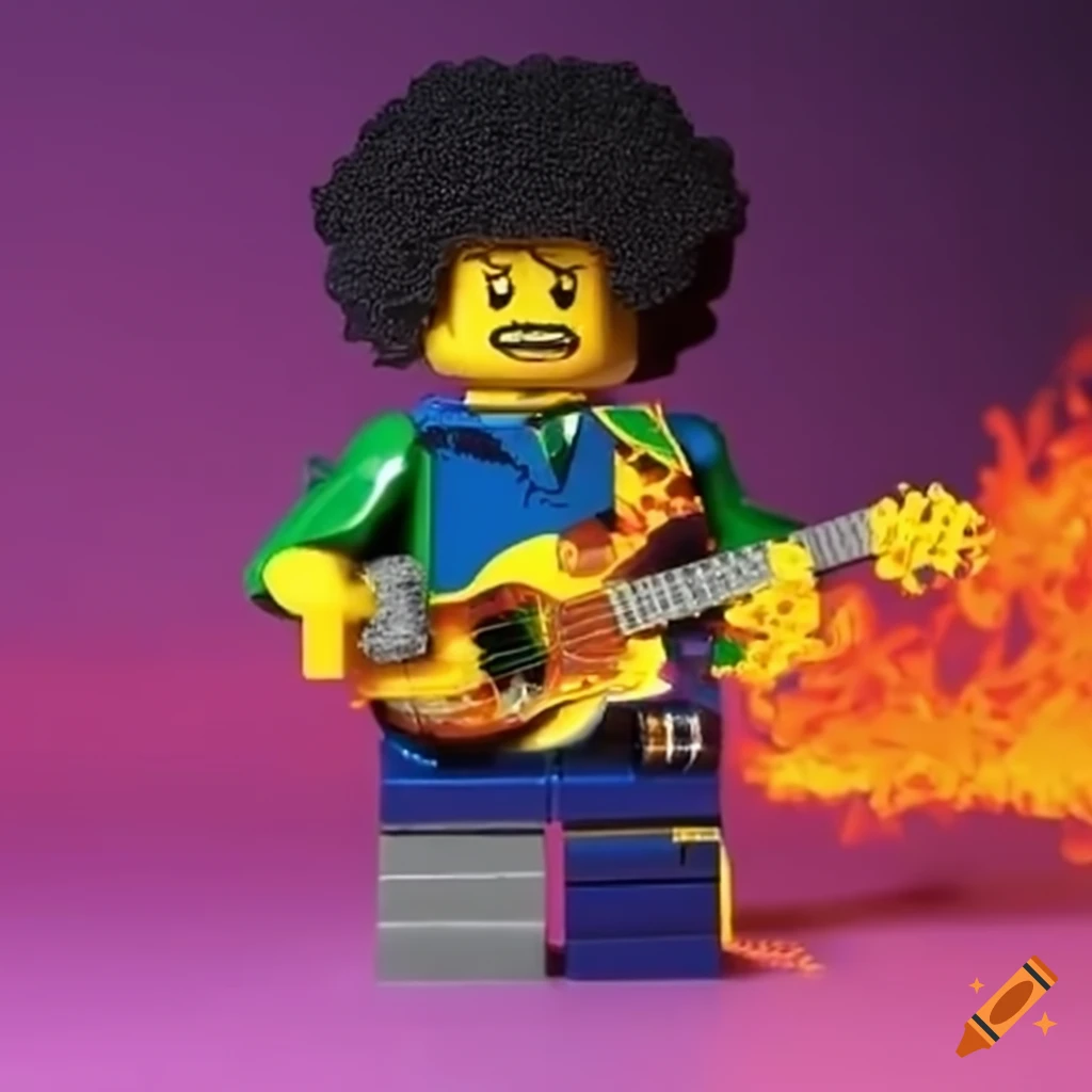 Lego figure reenacting jimi hendrix burning his guitar on Craiyon