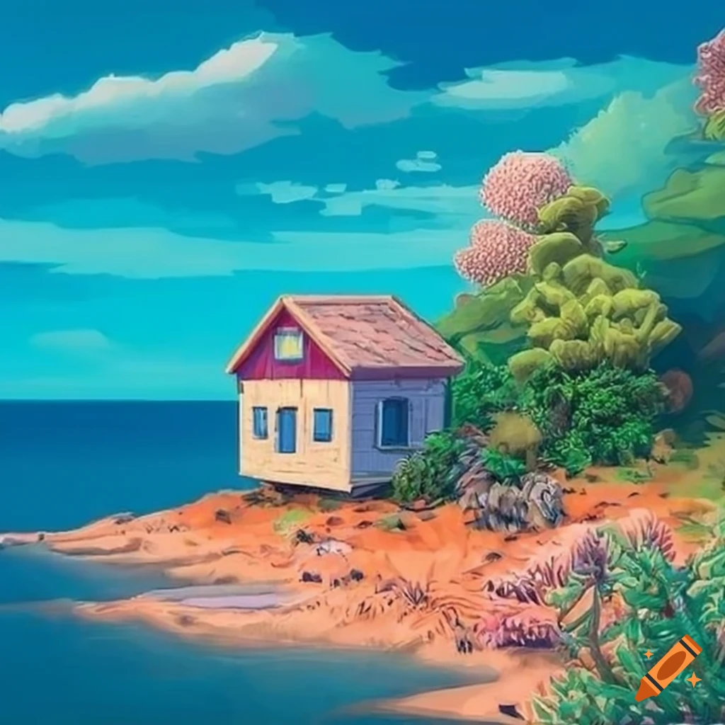 Cute beach house on calm bay with colorful coral reefs, studio ghibli ...