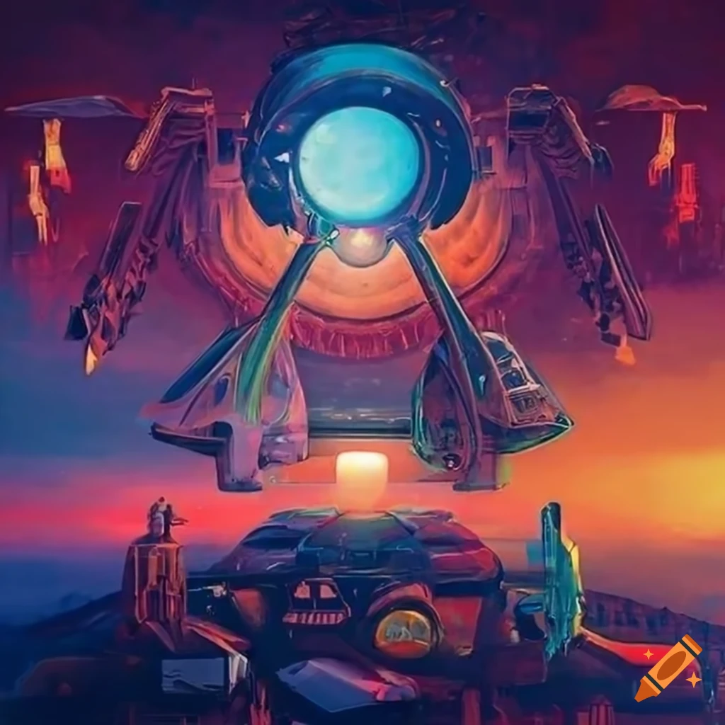 Propaganda-style artwork of flying cars and intergalactic communism on ...