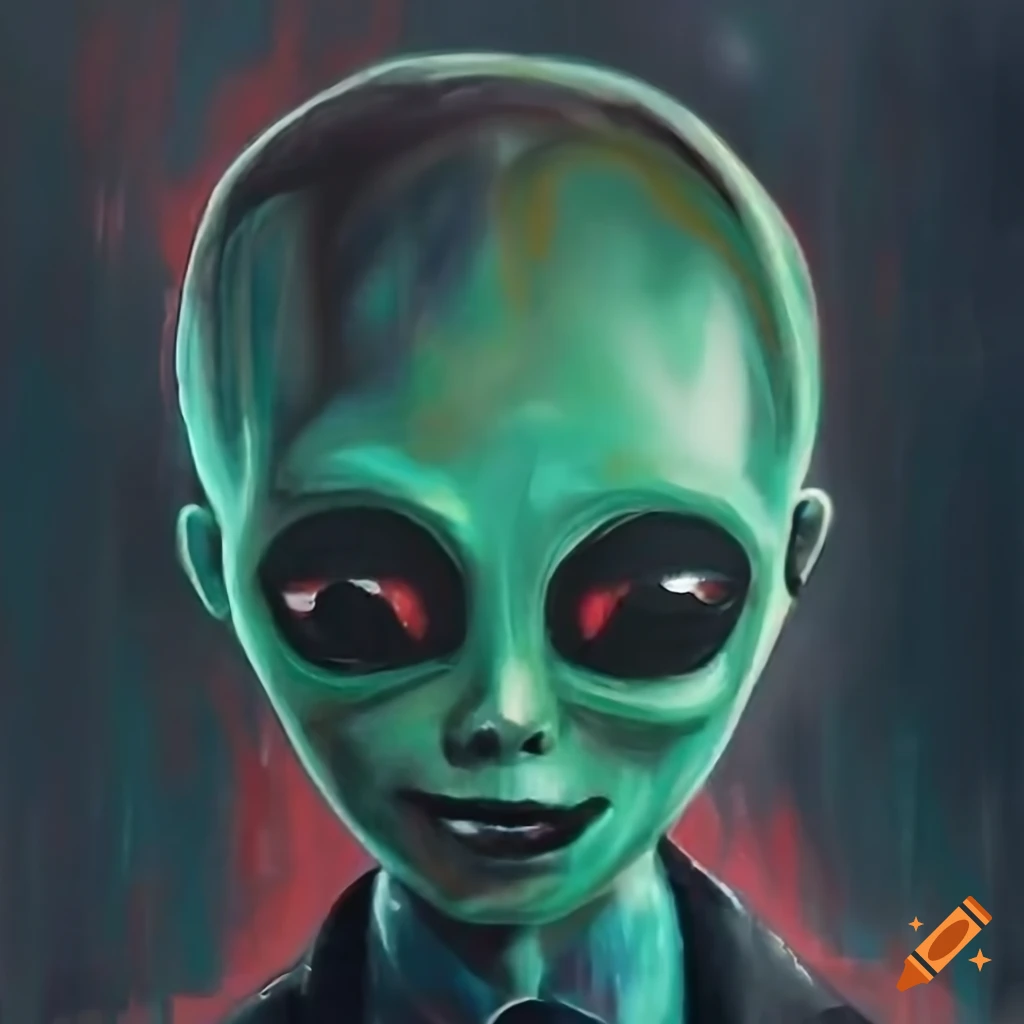 Smiling mint-colored alien in black suit and red tie with sunglasses ...
