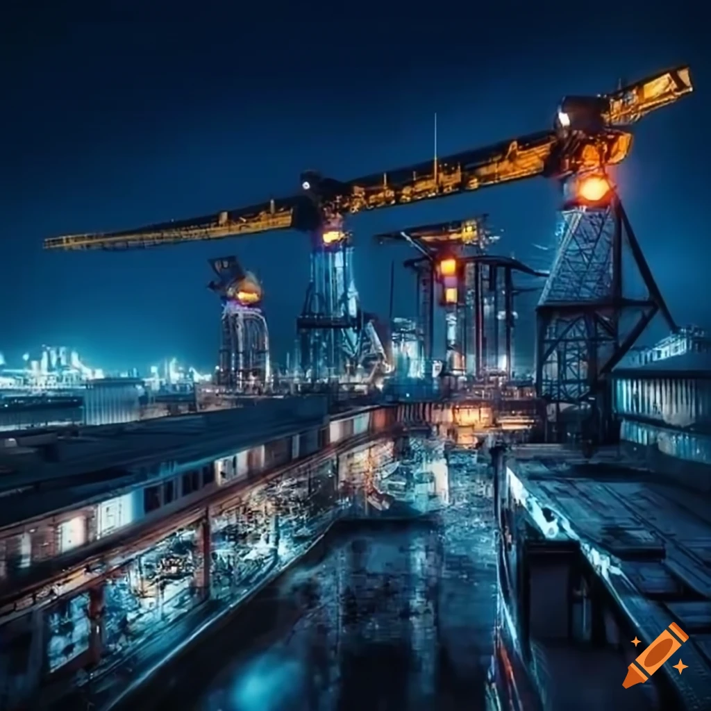 Futuristic industrial cranes at night from a worm's eye view on Craiyon