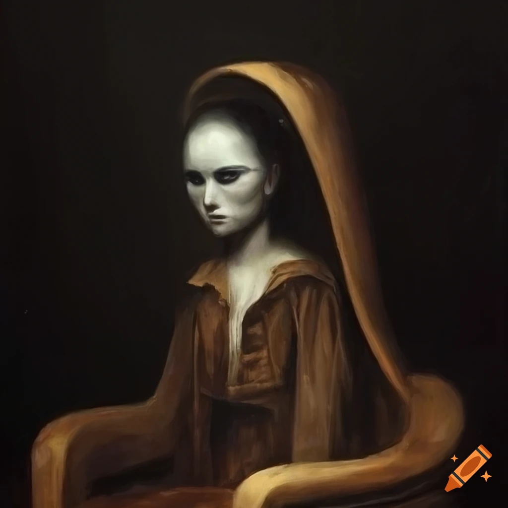 Entity sitting in a chair in a dark romantic oil painting with baroque ...