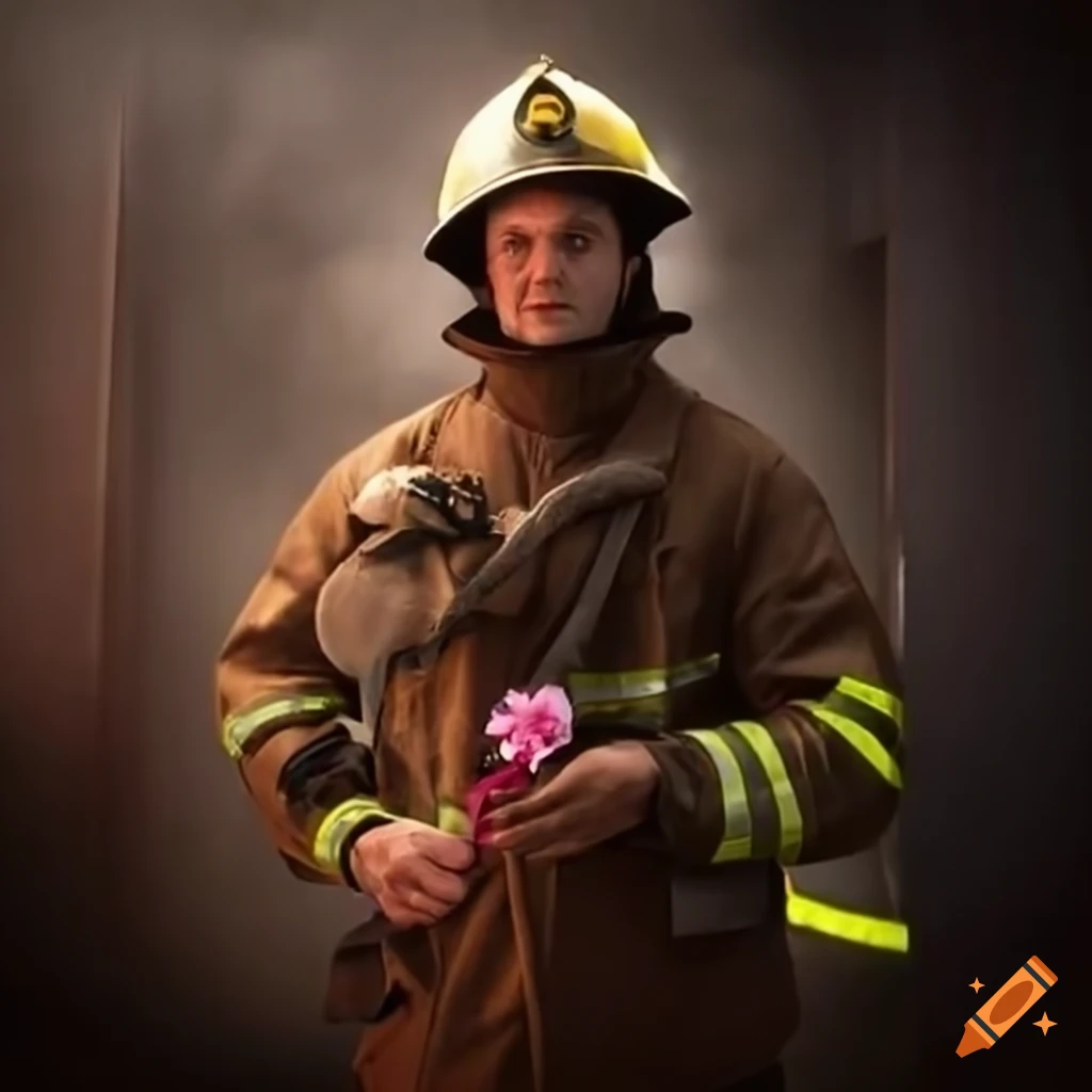 Firefighter holding a flower with his wife at home on Craiyon