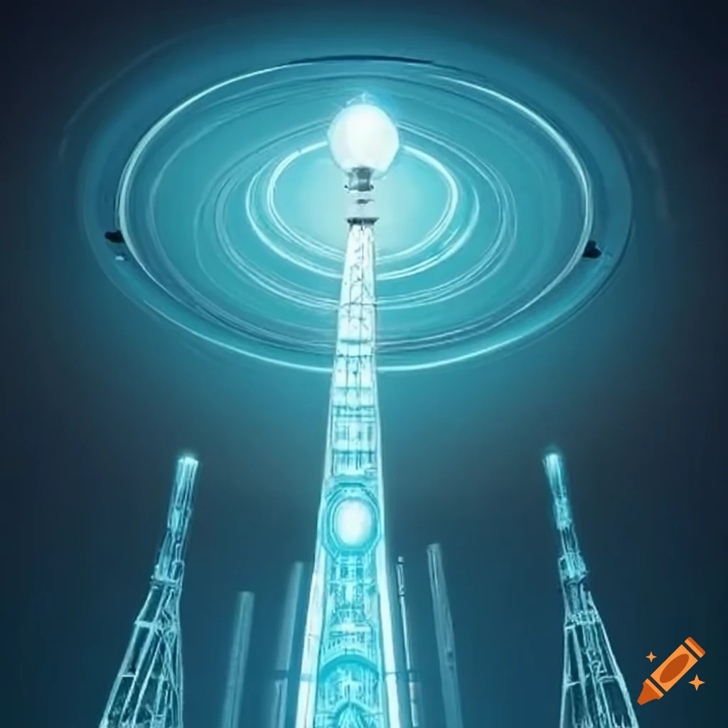 Sci-fi radio tower emitting telecommunication waves on Craiyon