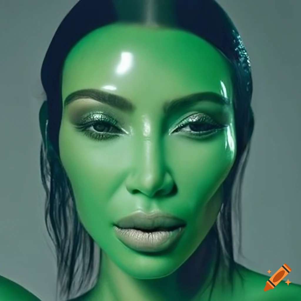 Kim kardashian face with frog head in light green latex on Craiyon