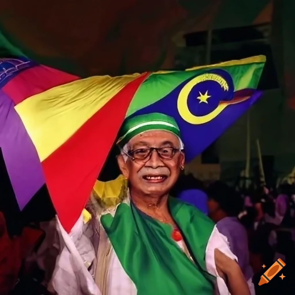 Abdul hadi awang carrying a colorful banner on Craiyon