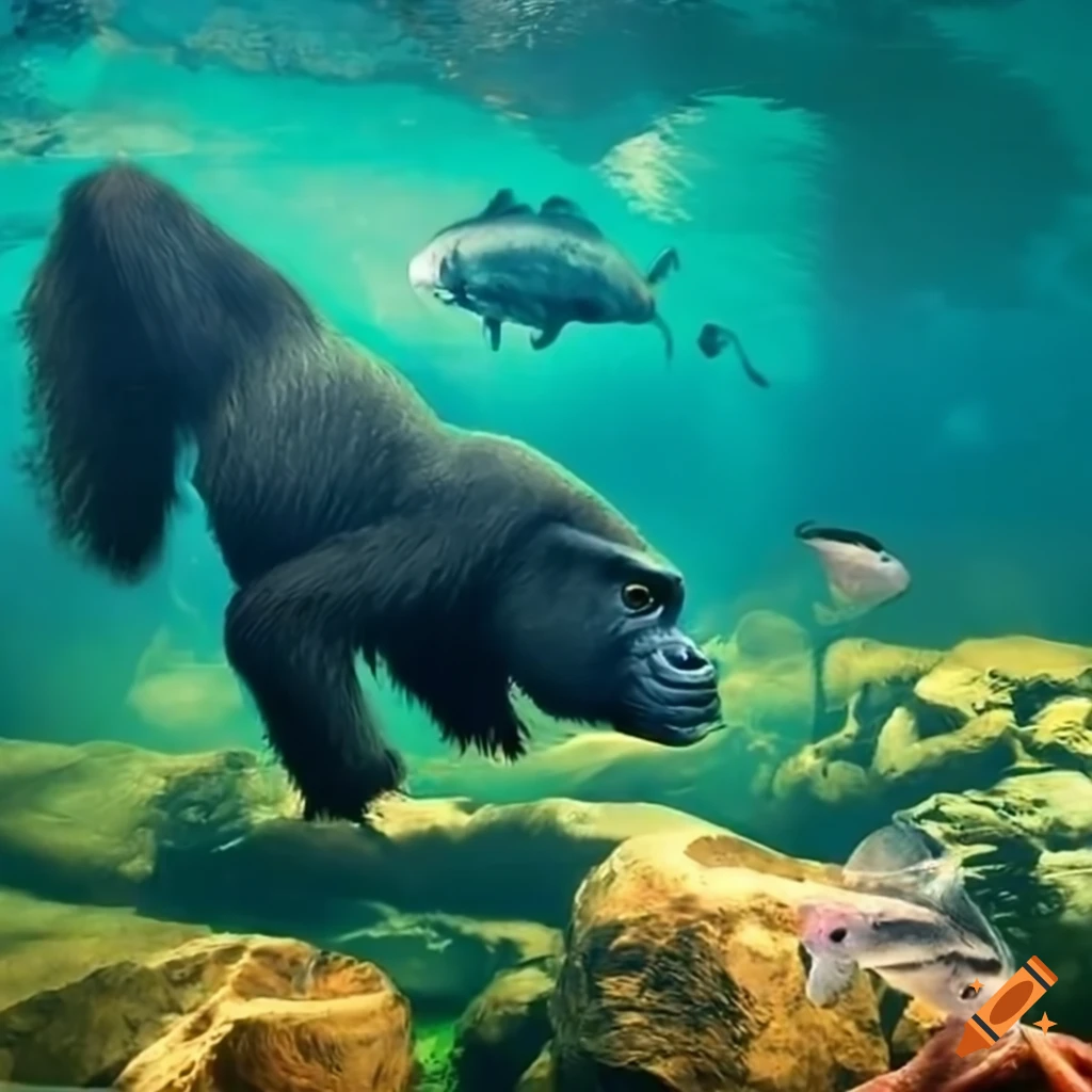 Water dam with fish and gorillas on Craiyon