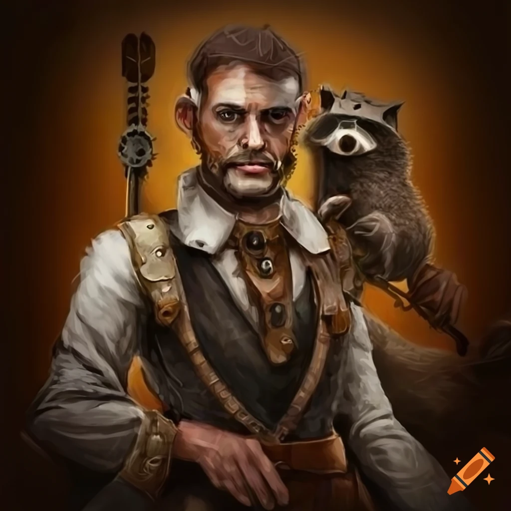 Portrait of irish steampunk detective with mechanical raccoon on ...