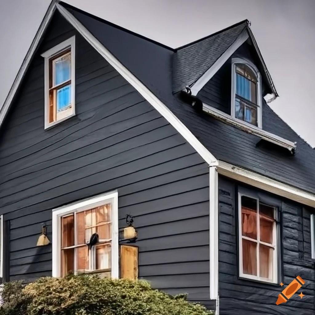 Black house with almond color exterior trim and windows on Craiyon