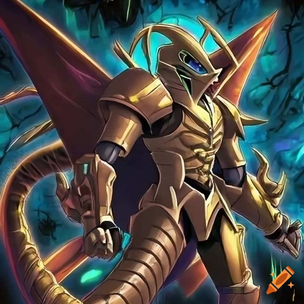 Highly detailed yu-gi-oh style artwork of a brown reptile knight on Craiyon