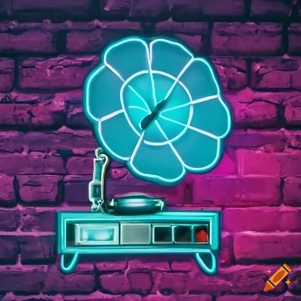 Neon phonograph on brick background with aura on Craiyon