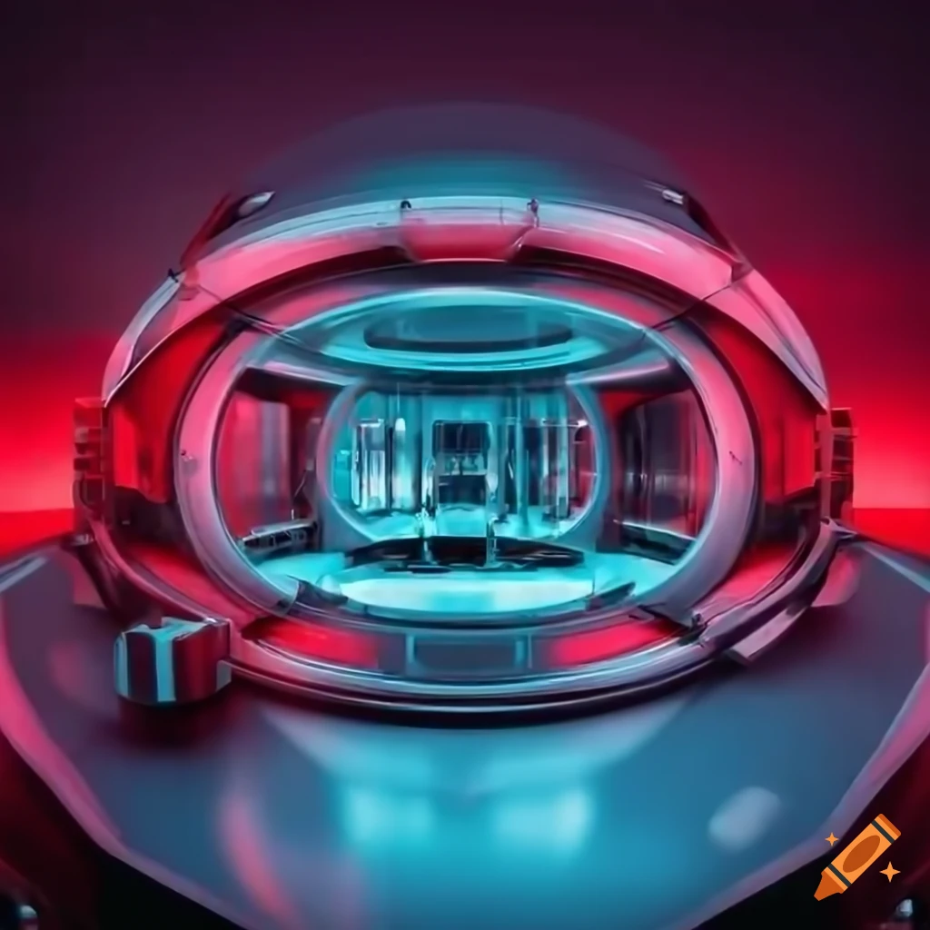 Wide-angle view of a futuristic cloning lab with red tint on Craiyon