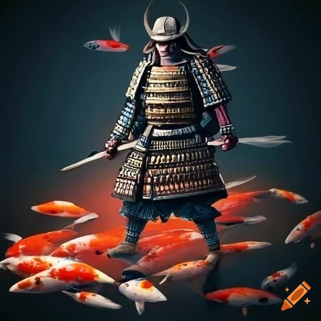 Samurai standing on a koi fish pond on Craiyon