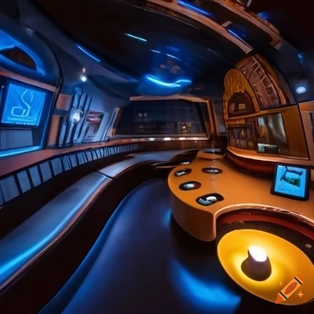 Space-themed cafe with a hint of star wars and star trek on Craiyon