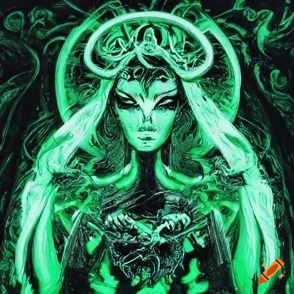 Neon green, white, and black demonic dragon with Yggdrasil in an Art ...