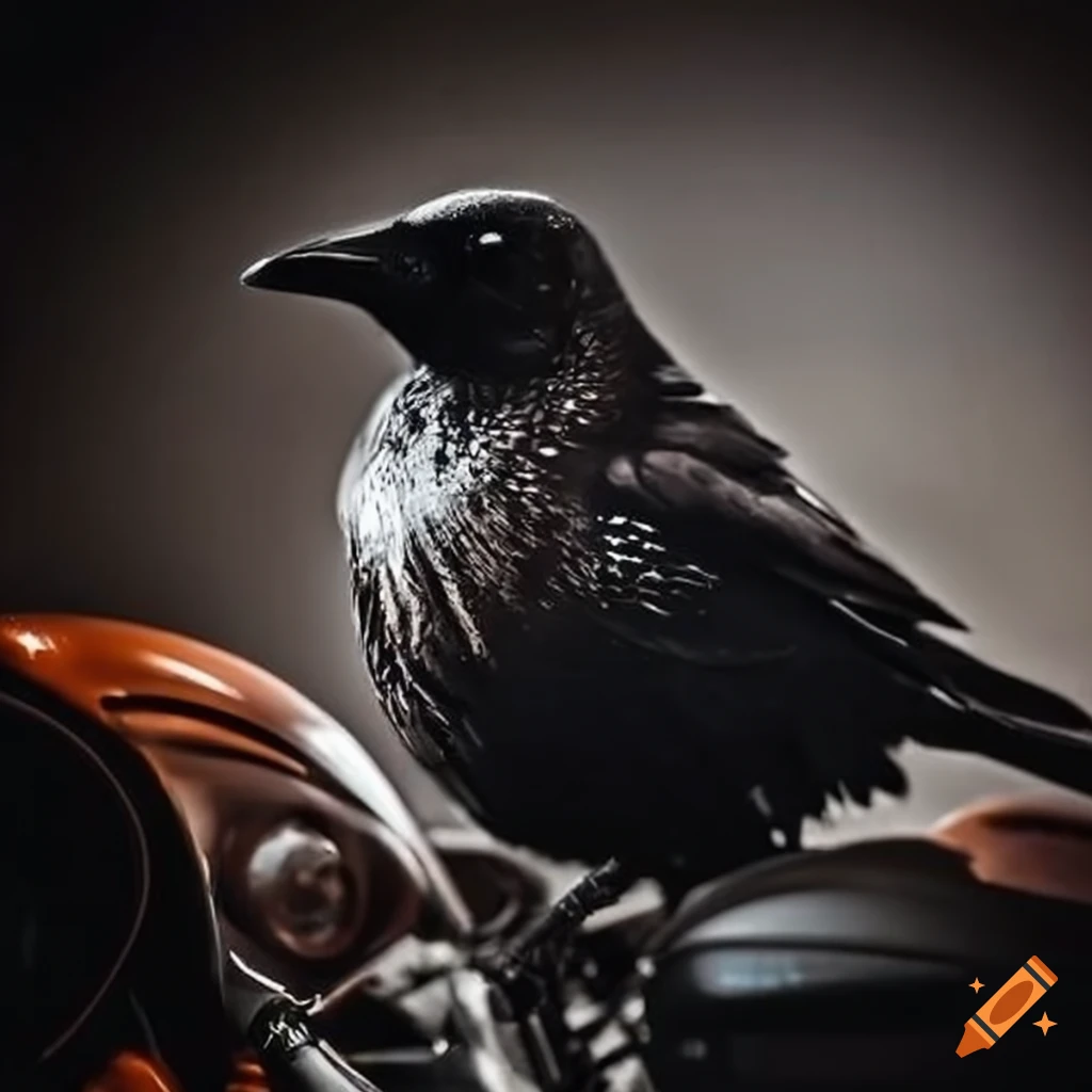 Crow riding a honda motorcycle on a cafe road on Craiyon