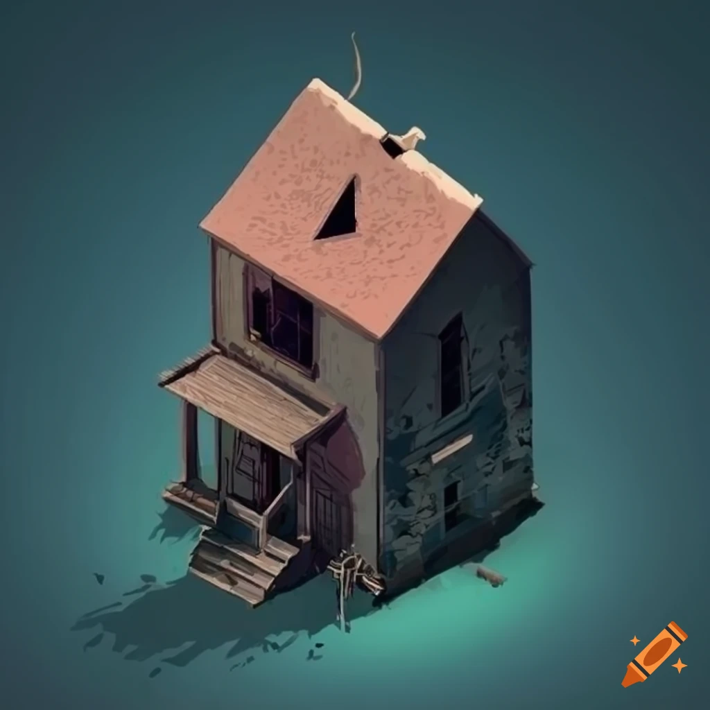 Isometric illustration of an abandoned house on Craiyon