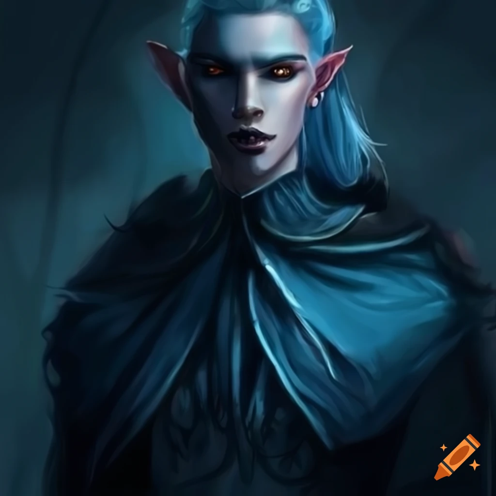Ethereal dark elven prince with black eyes and flowing blue hair on Craiyon
