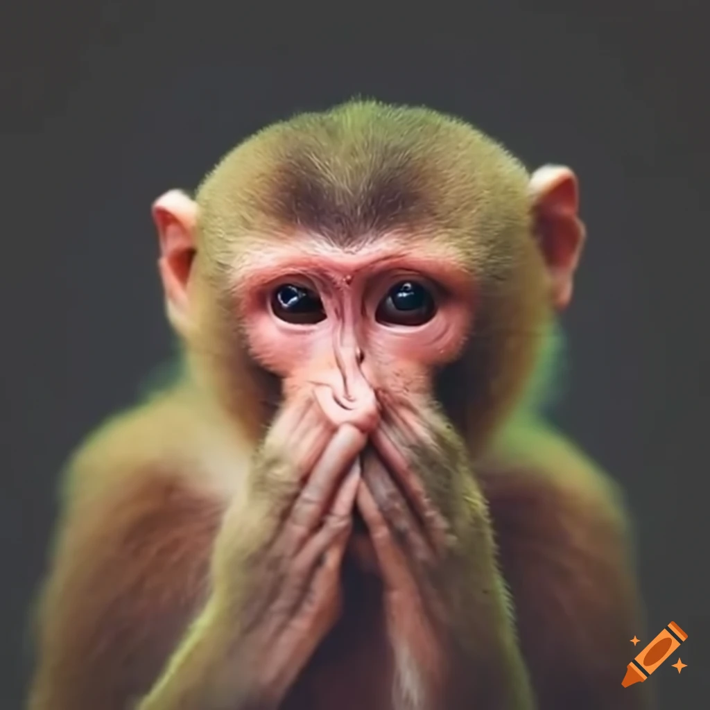 Adorable monkey playfully covering nose with hands on Craiyon