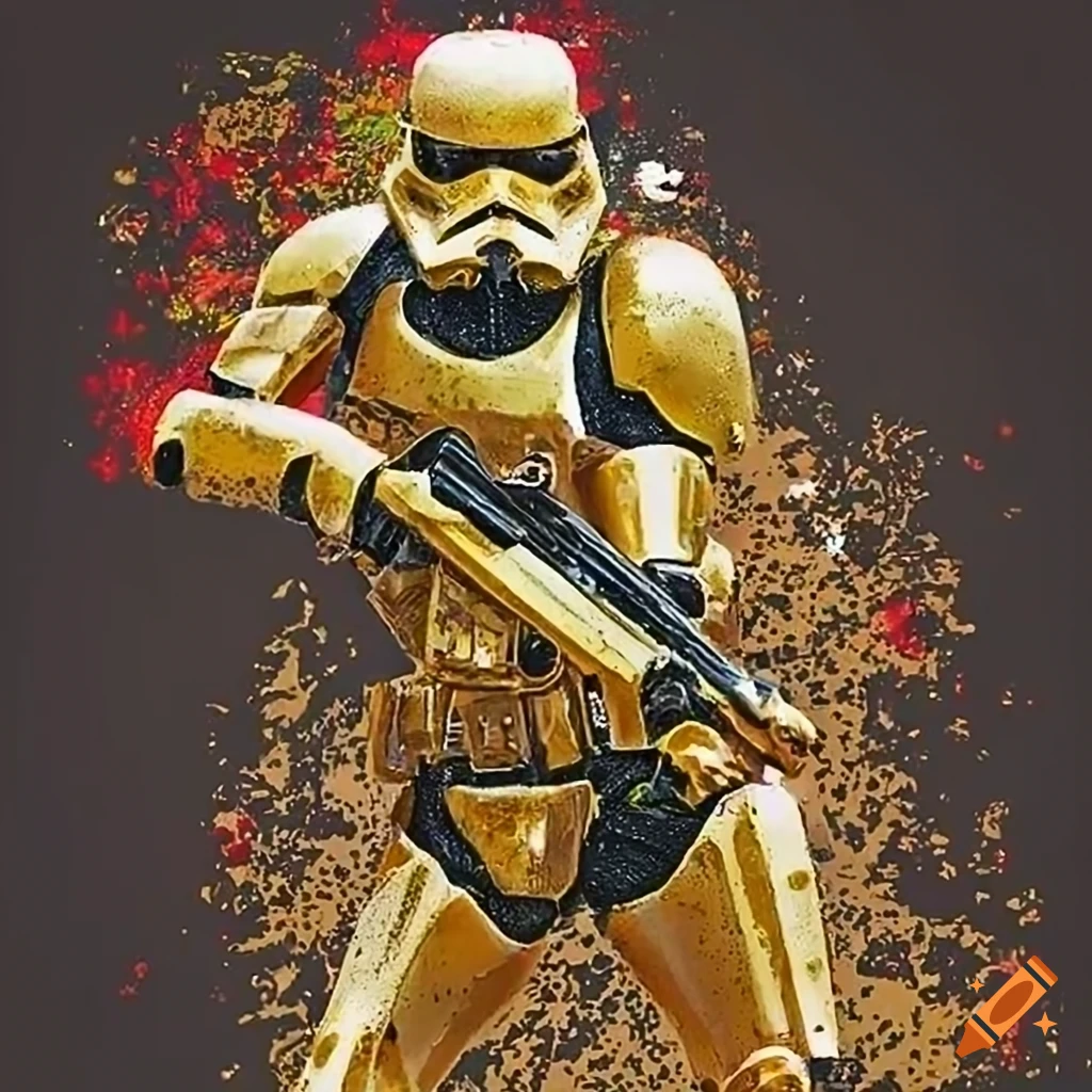 Golden armored storm trooper splatter art on Craiyon