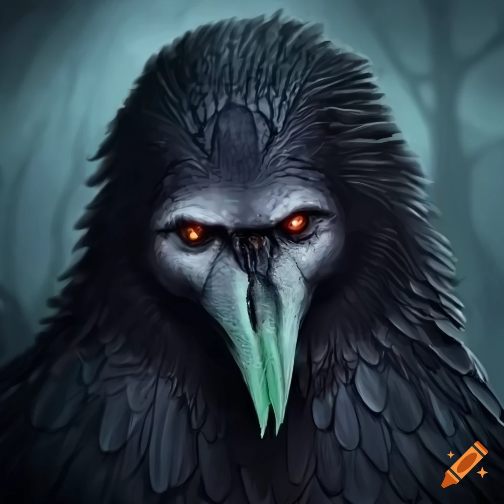 Portrait of a raven humanoid with haunting features and unique tongue ...
