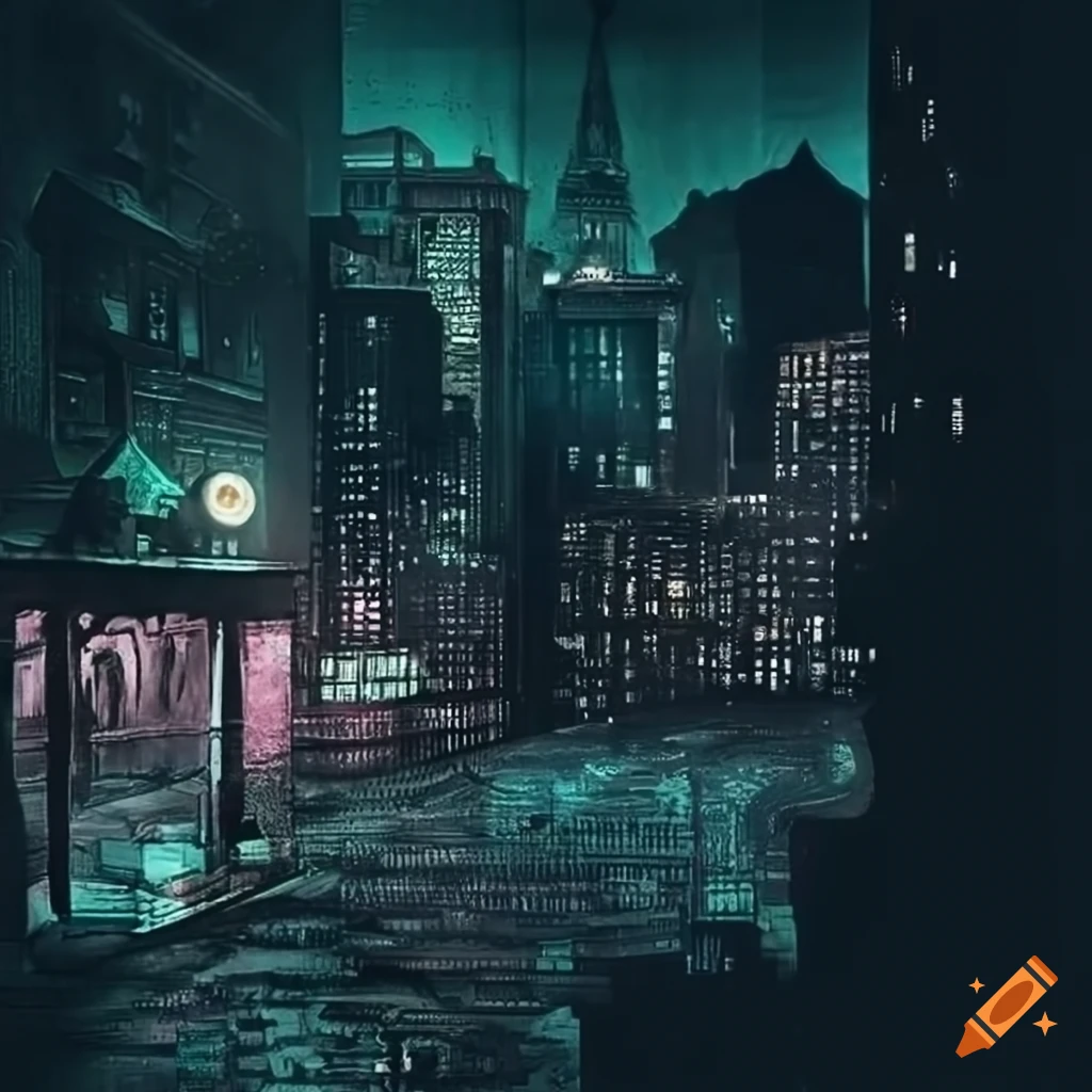 Intricate 1930s-style city map with glowing details in a film noir ...