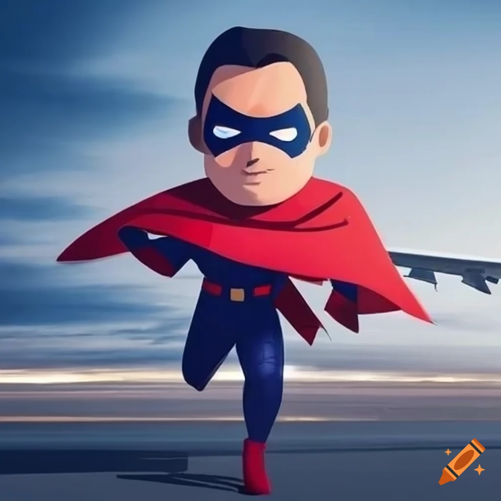 Superhero captain travel services holding a plane with airport ...