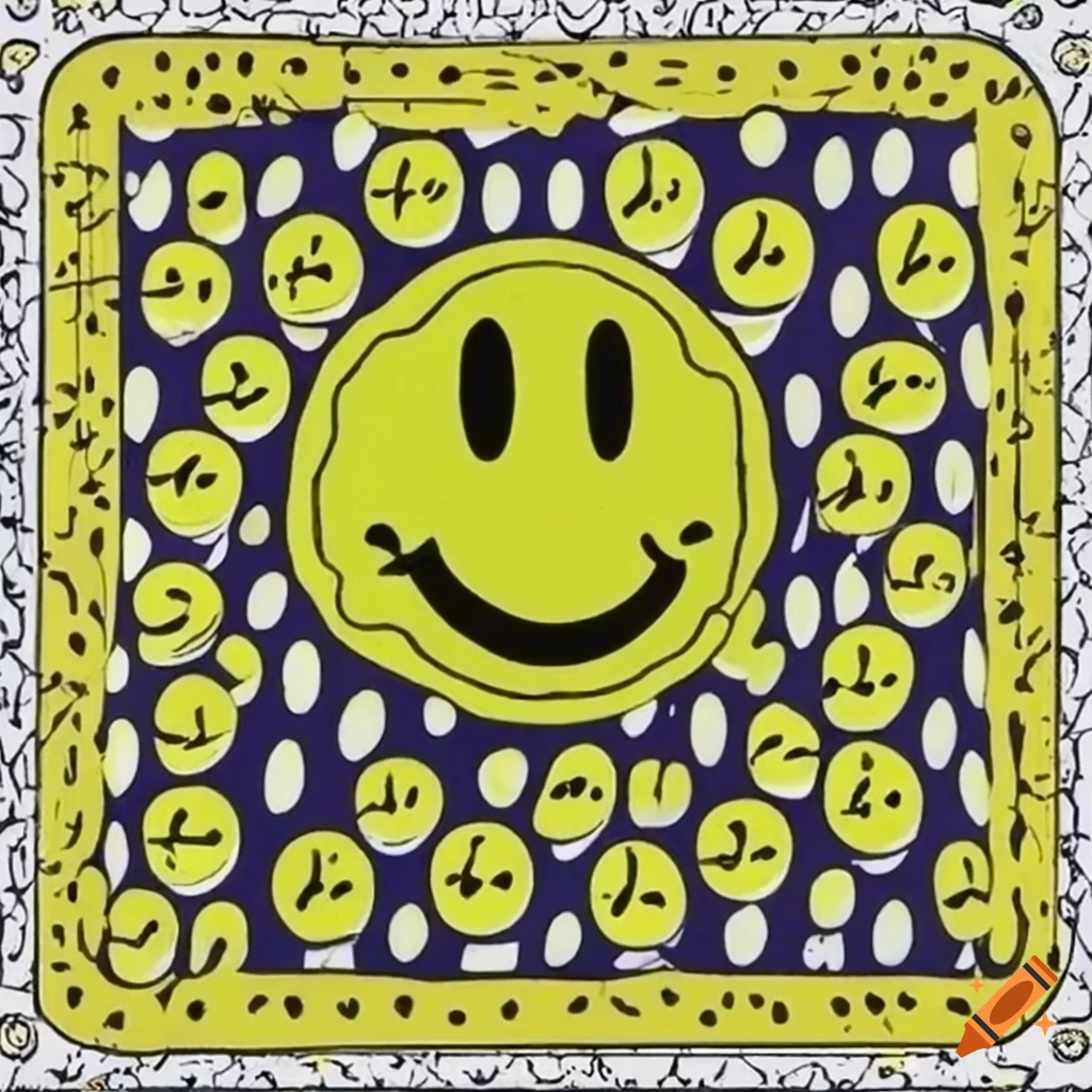 Classic yellow smiley ideogram representing rave music on Craiyon