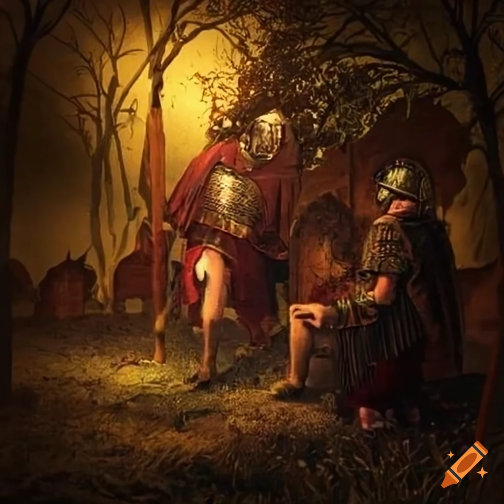 Brave Roman talking with others in an orchard at night on Craiyon