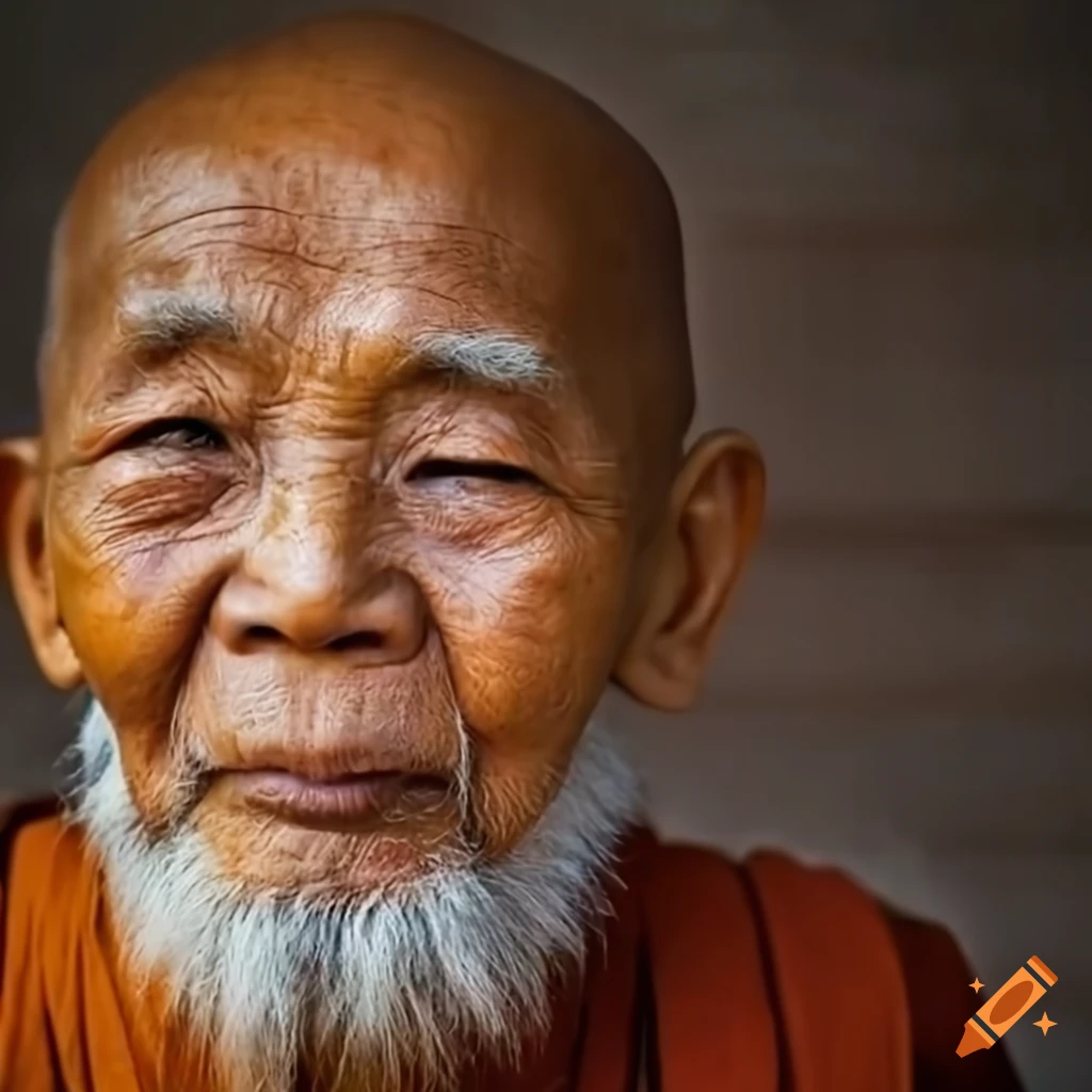 Portrait of a kind buddhist monk speaking to the viewer on Craiyon