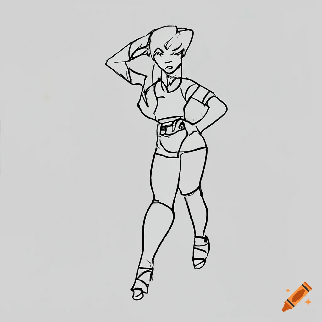 Simplified line art sketch of a female character in full body on Craiyon