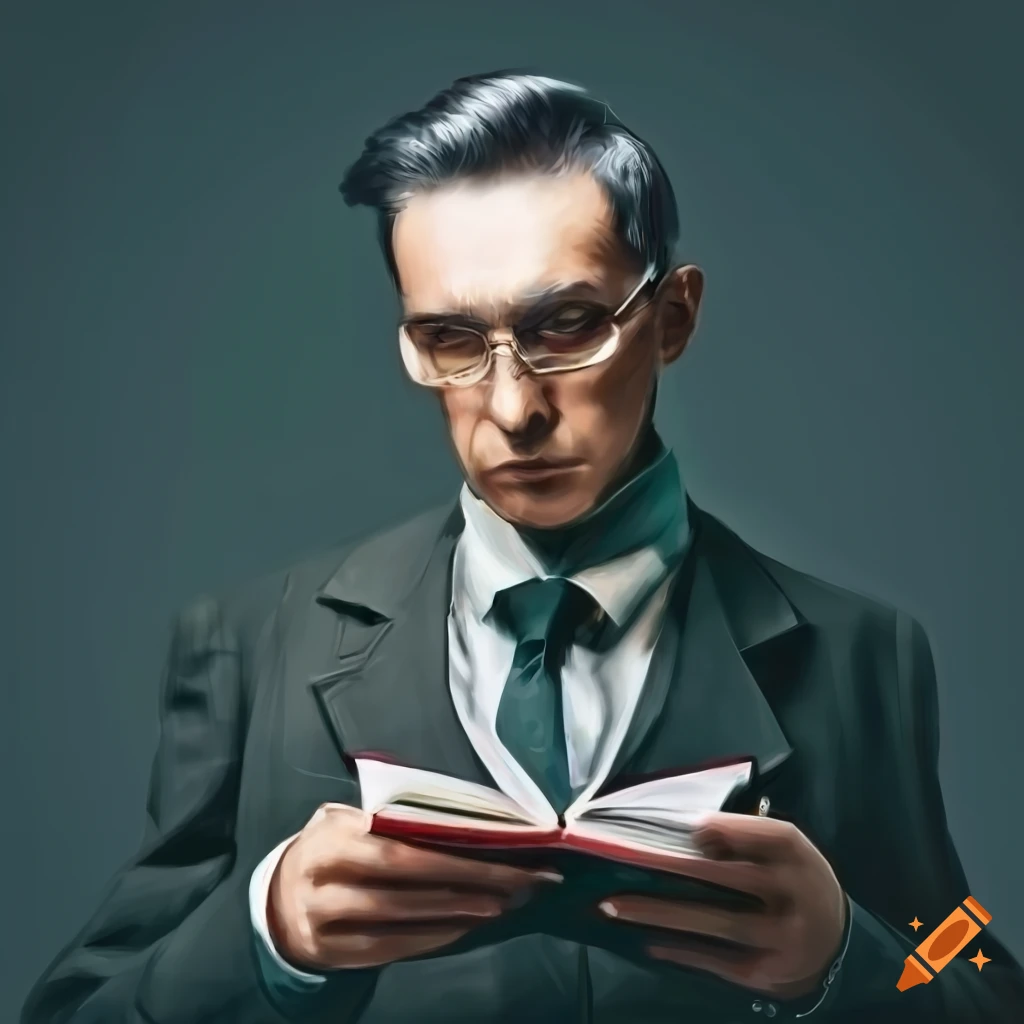 Portrait of an accountant with an account book in an old-fashioned suit ...