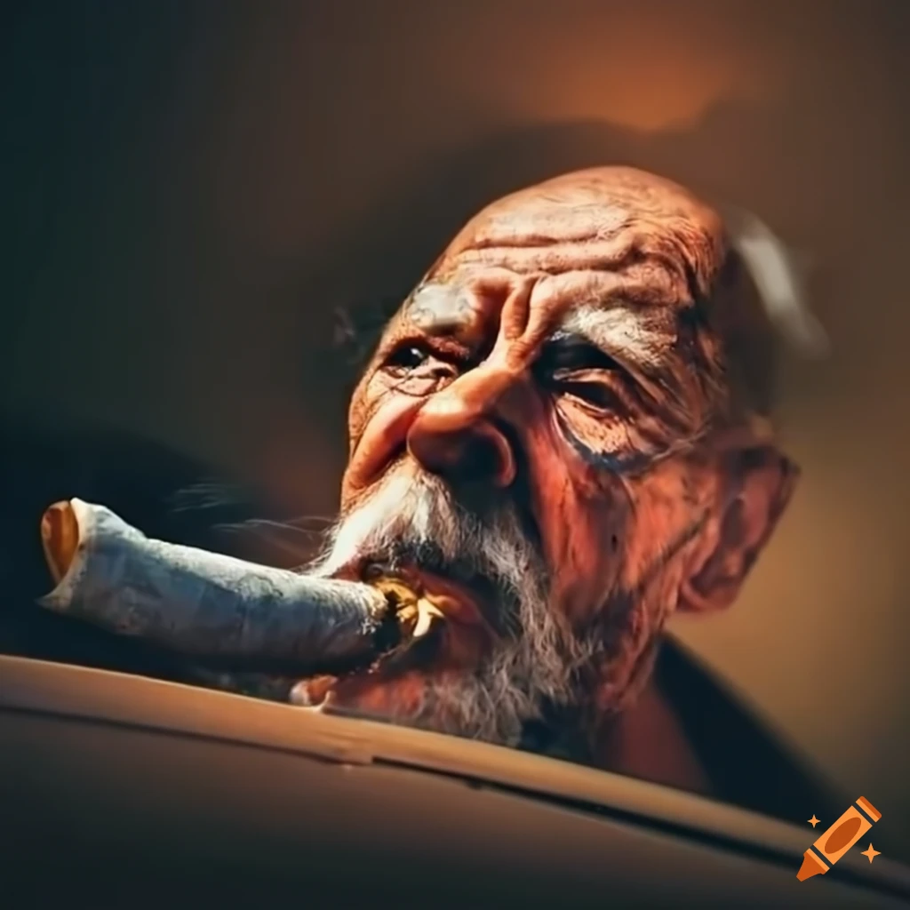 Elderly man smoking a cigar in a car on Craiyon