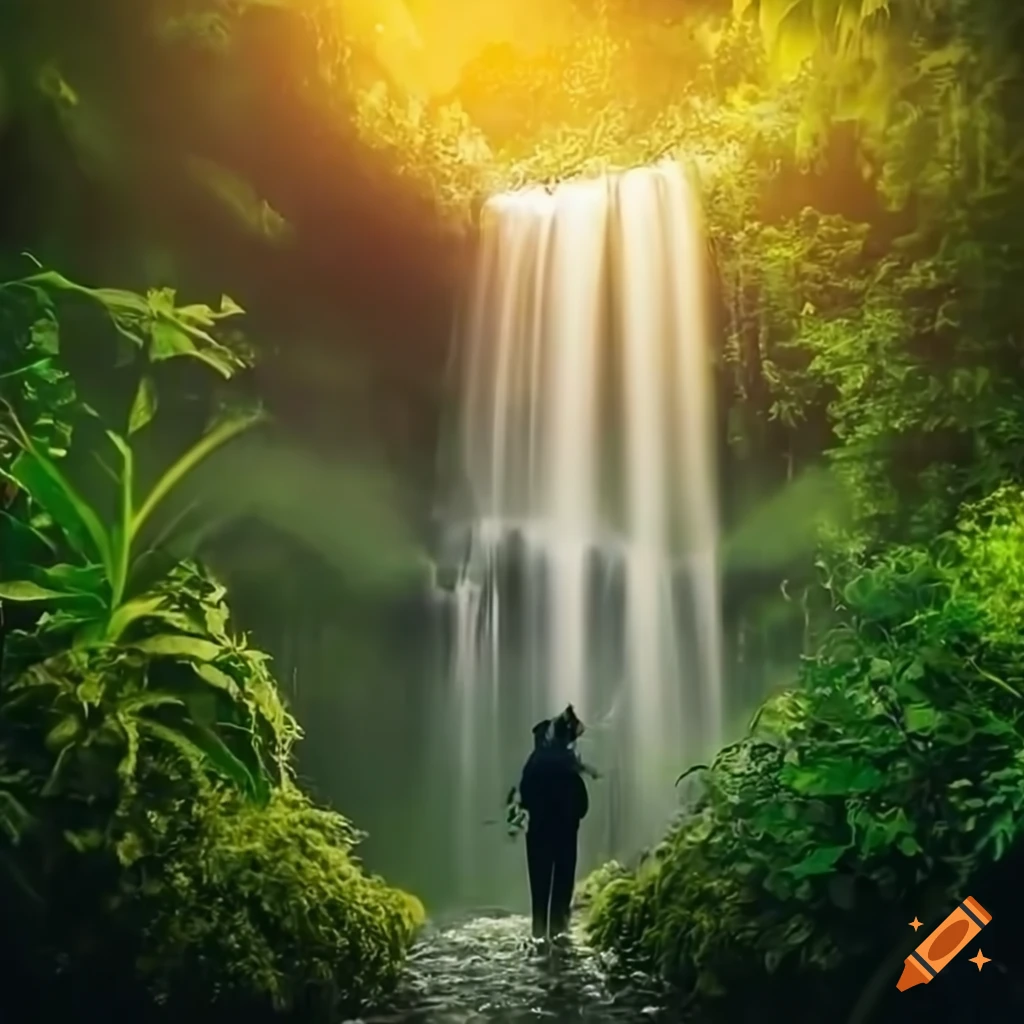 Person surrounded by green plants with waterfalls during golden hour on ...