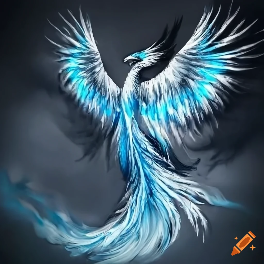 Mythical phoenix with abstract shadows and ice-blue wings in stunning ...