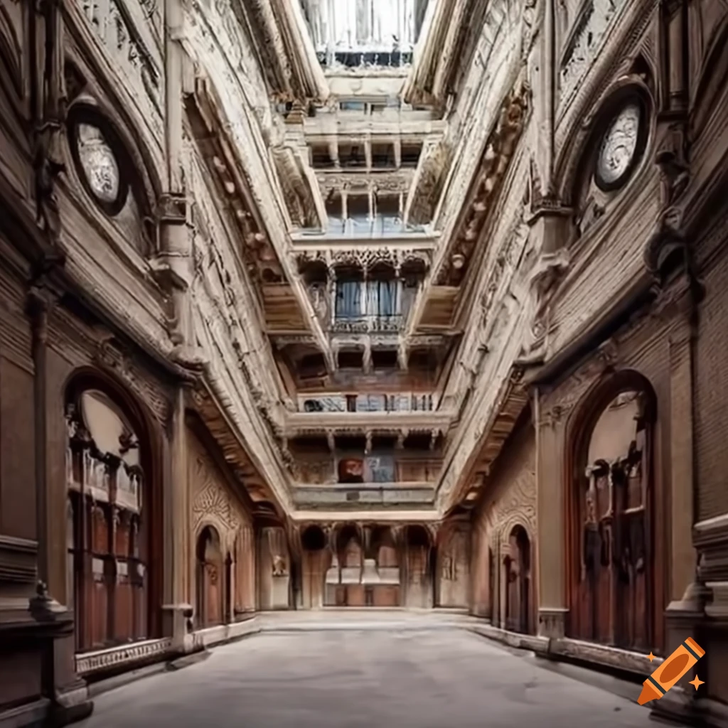 Interior of a huge, tall old-fashioned house with multiple storeys ...