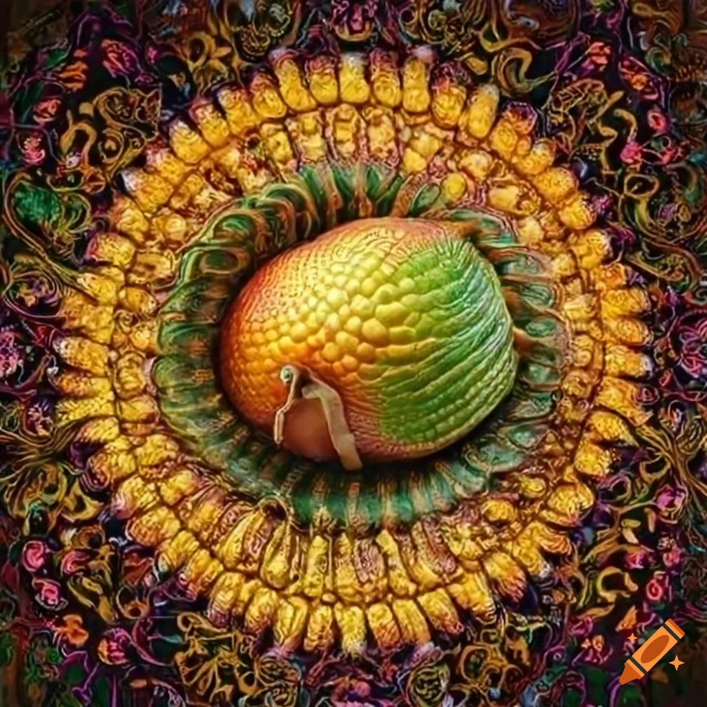 Golden cornucopia in a garden with symbolic animals representing energy ...