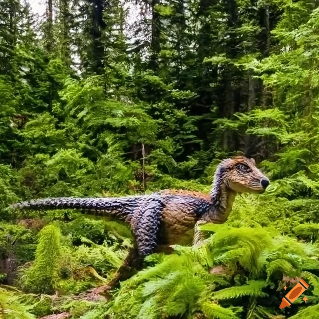 Feathered t-rex with wolf color pattern in a british columbia forest ...
