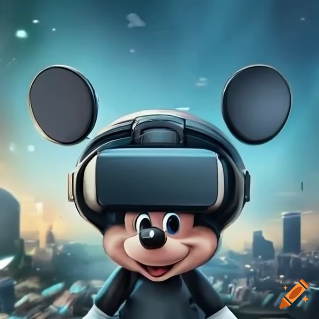 Mickey mouse wearing vr headset in a futuristic city on Craiyon