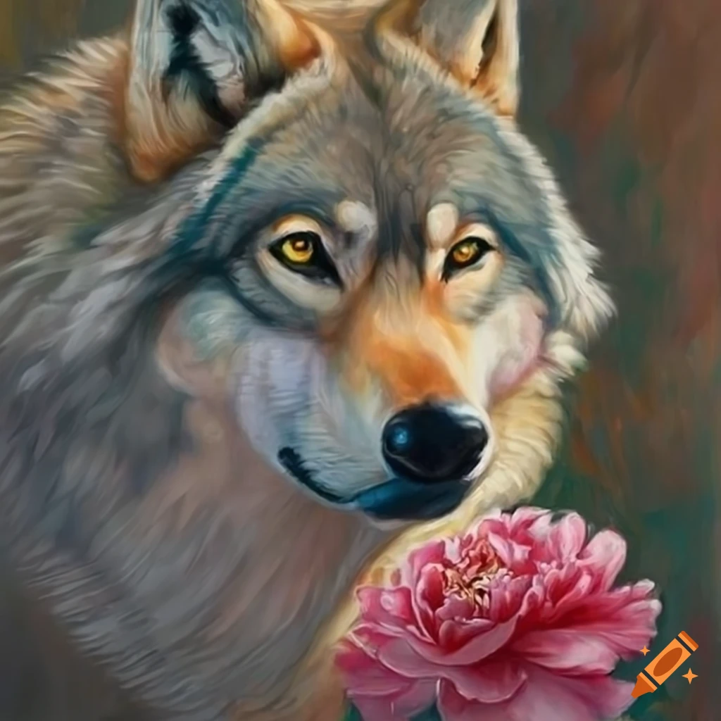 Realistic painting of a kind wolf walking with peonies in the ...