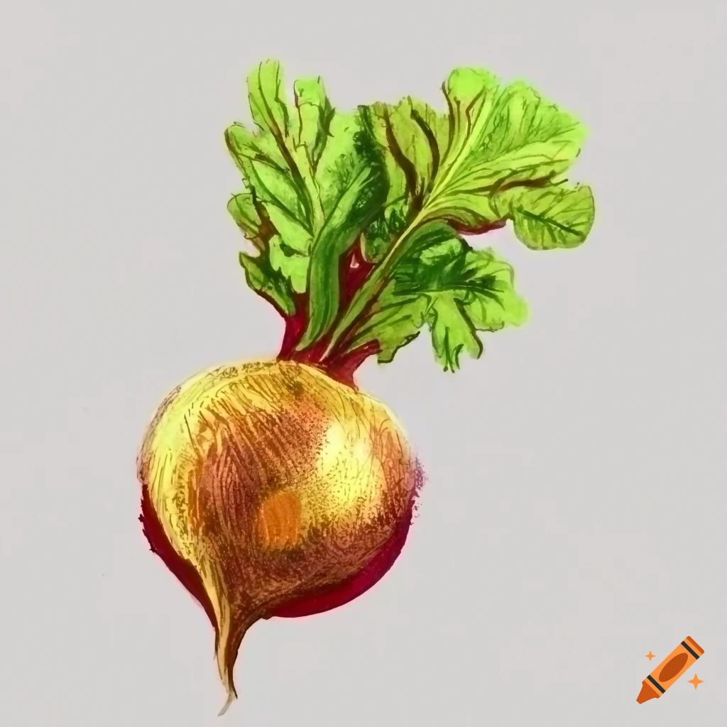 Golden shining beet on a white background drawn with crayon on Craiyon