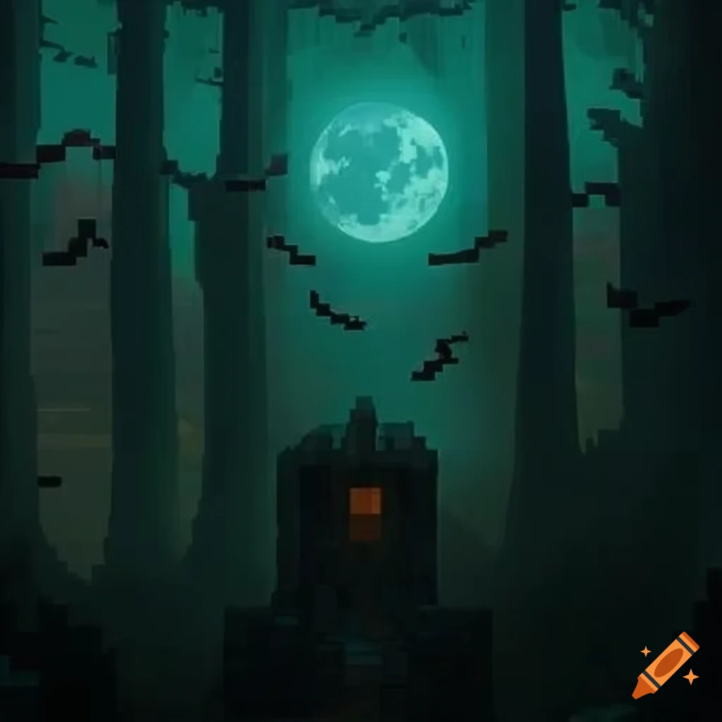 Spooky minecraft forest with bats and green square moon in a thomas ...