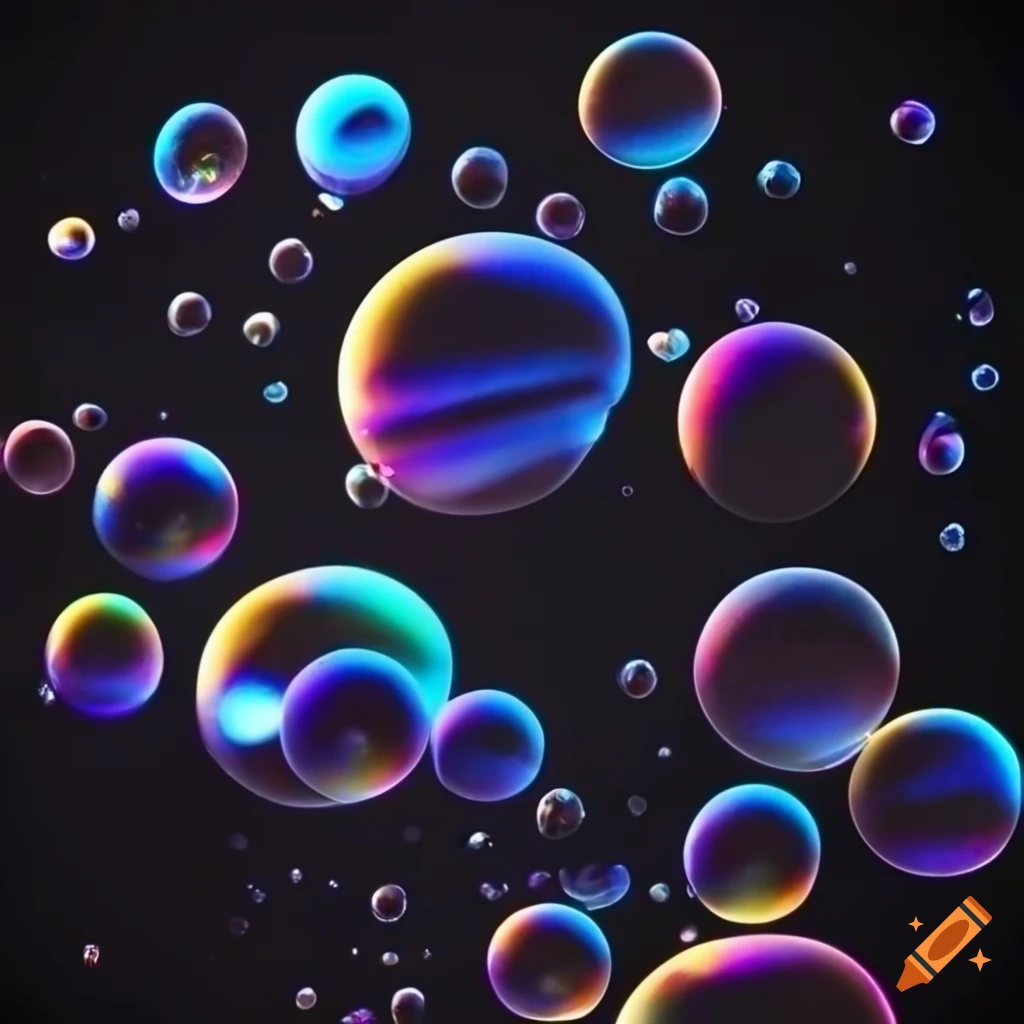 Black iridescent translucent soap bubbles on dark background on Craiyon