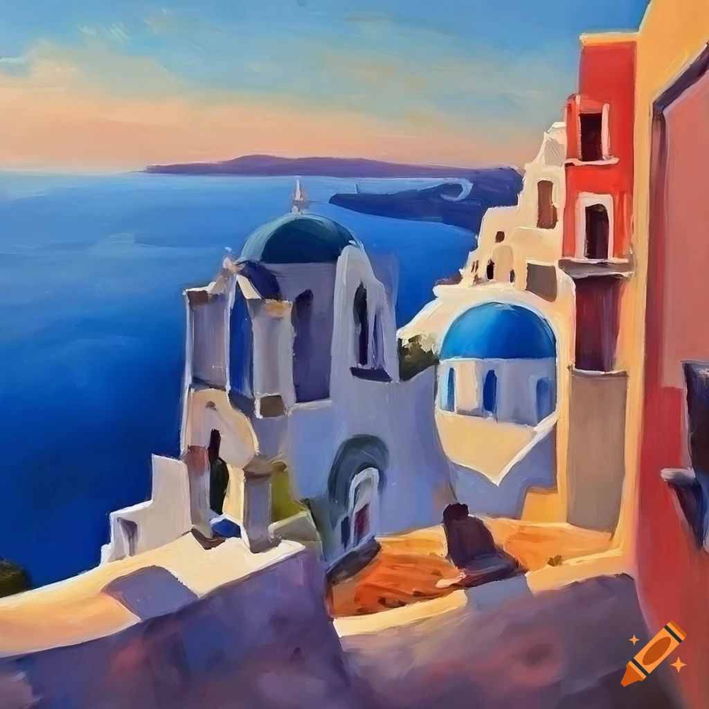 Picturesque view of Santorini, Greece in magical realism style on Craiyon