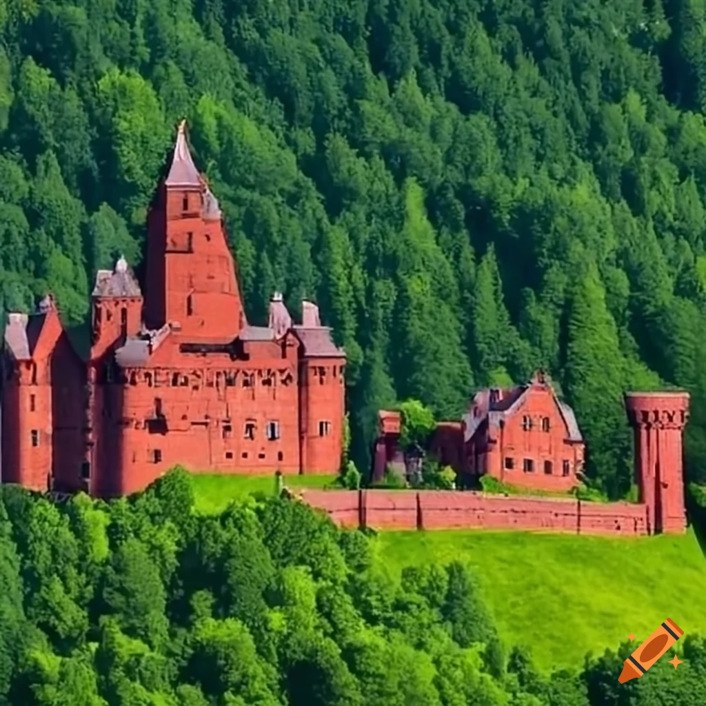 Red castle with green surroundings on Craiyon
